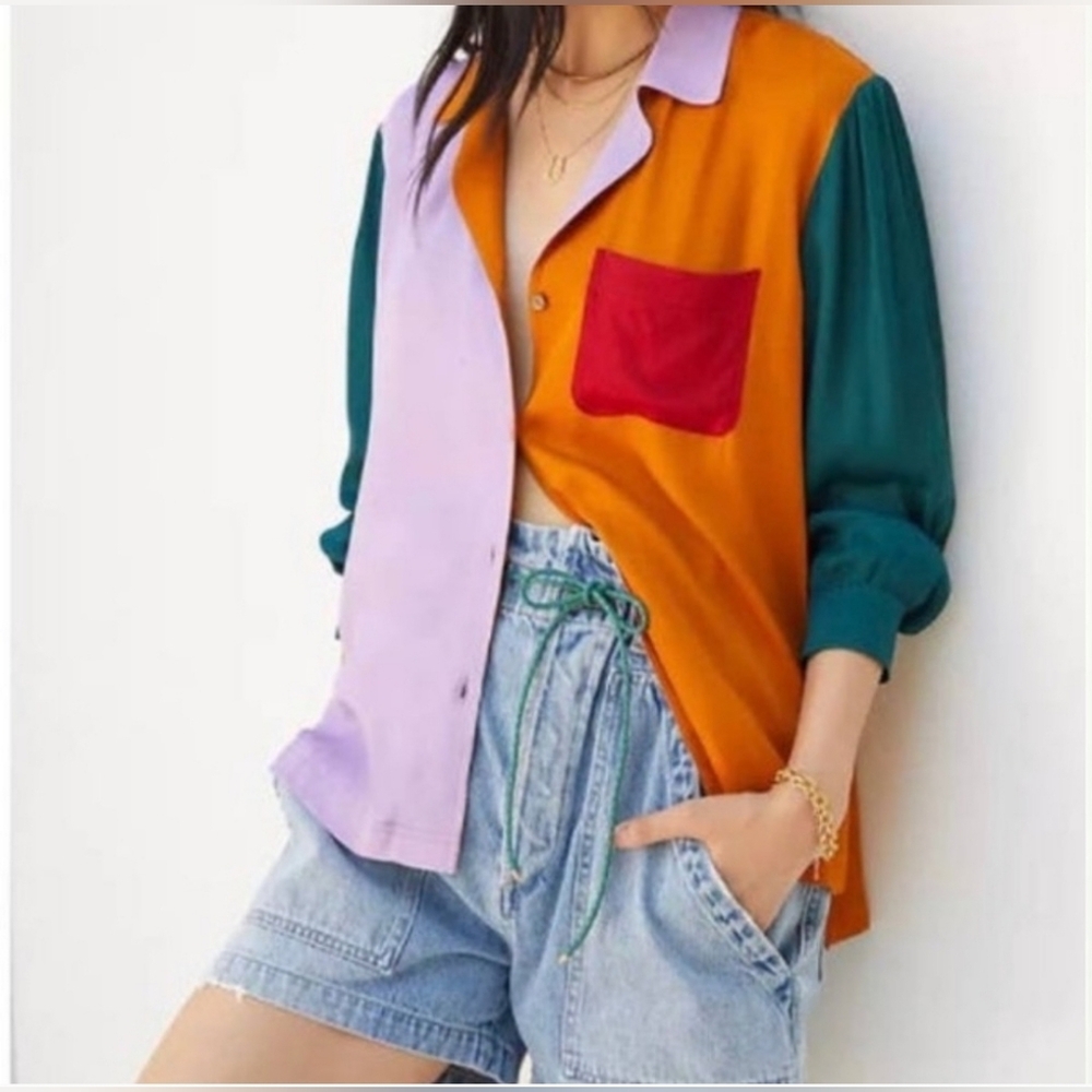 Farm Rio Anthropologie Silk Color Block Button Down - Gem